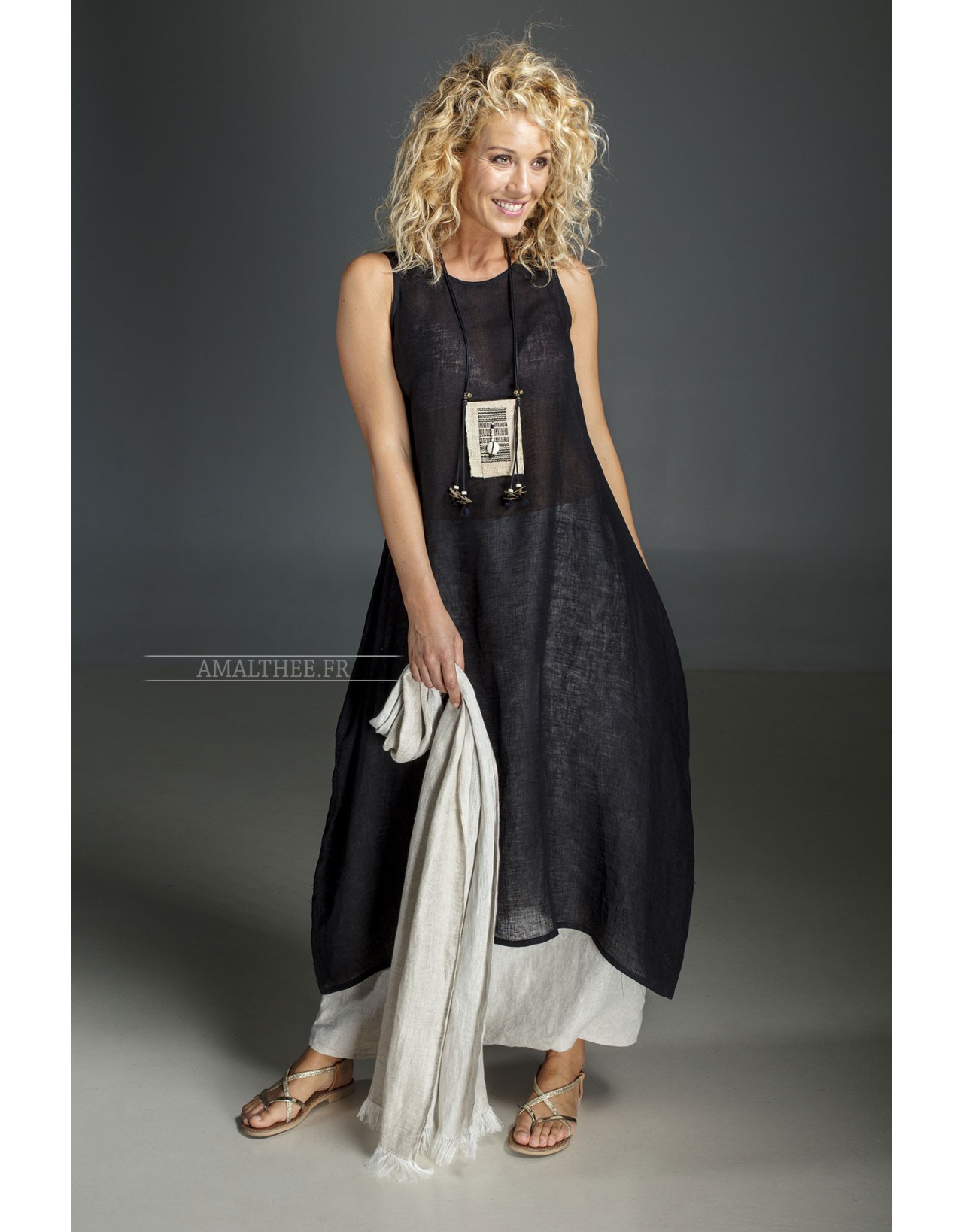 LILI TUNIC IN BLACK LINEN VEIL WITH OATMEAL LINEN SAROUEL SKIRT AND FINE LINEN SCARF