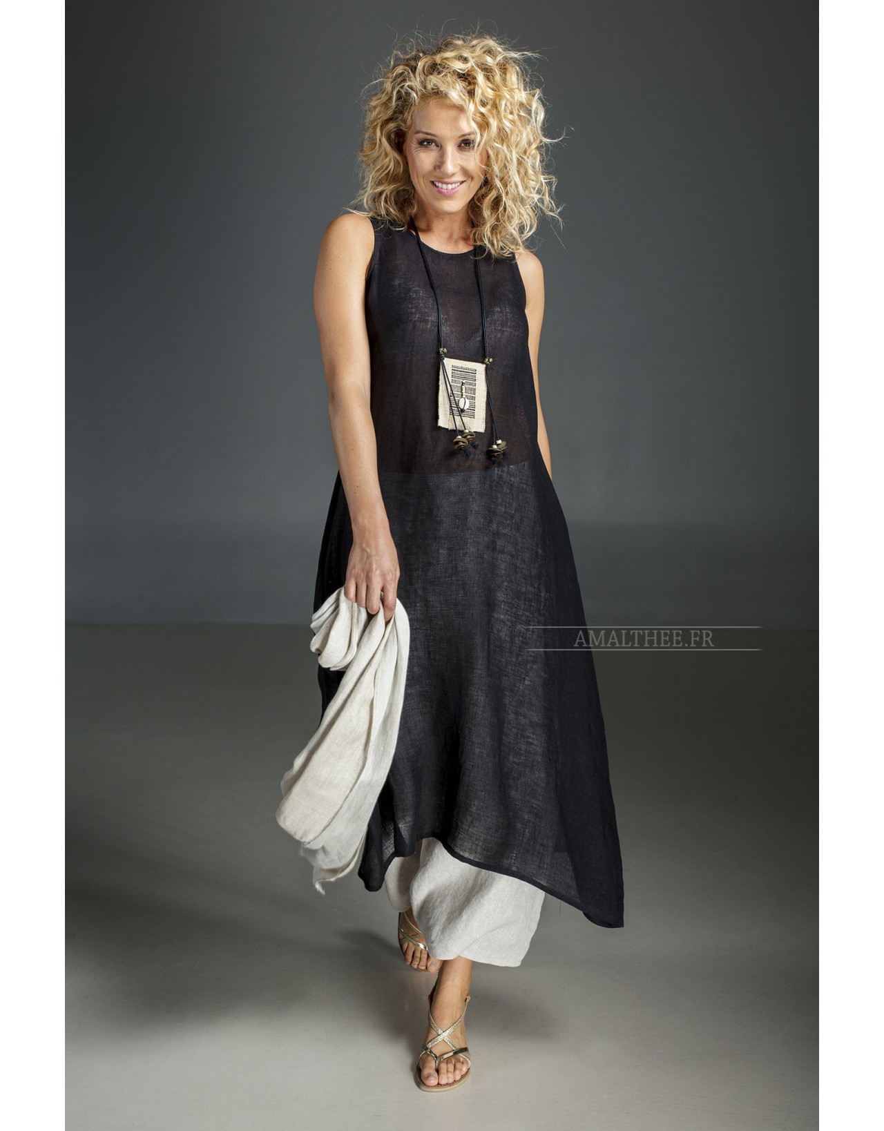 LILI TUNIC IN BLACK LINEN VEIL WITH OATMEAL LINEN SAROUEL SKIRT AND ...