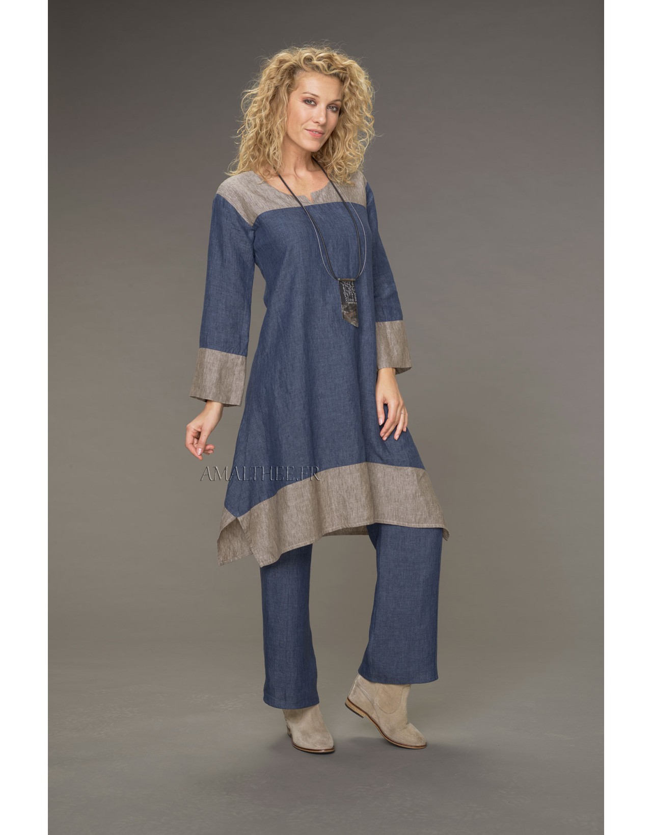 ELISA TUNIC IN CHAMBRAY LINEN, DENIM BLUE/TAUPE TWO TONE DRESS VERSION